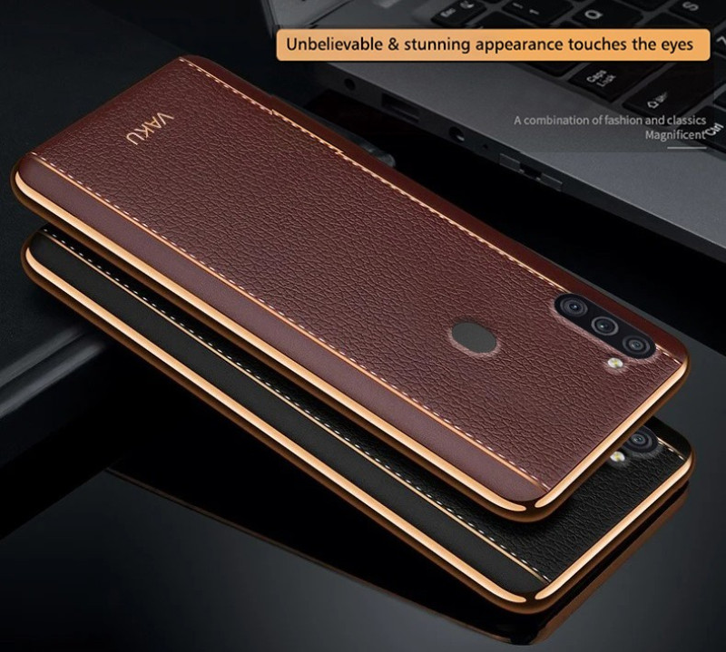 Vaku ® Samsung Galaxy M11 Vertical Leather Stitched Gold Electroplated ...