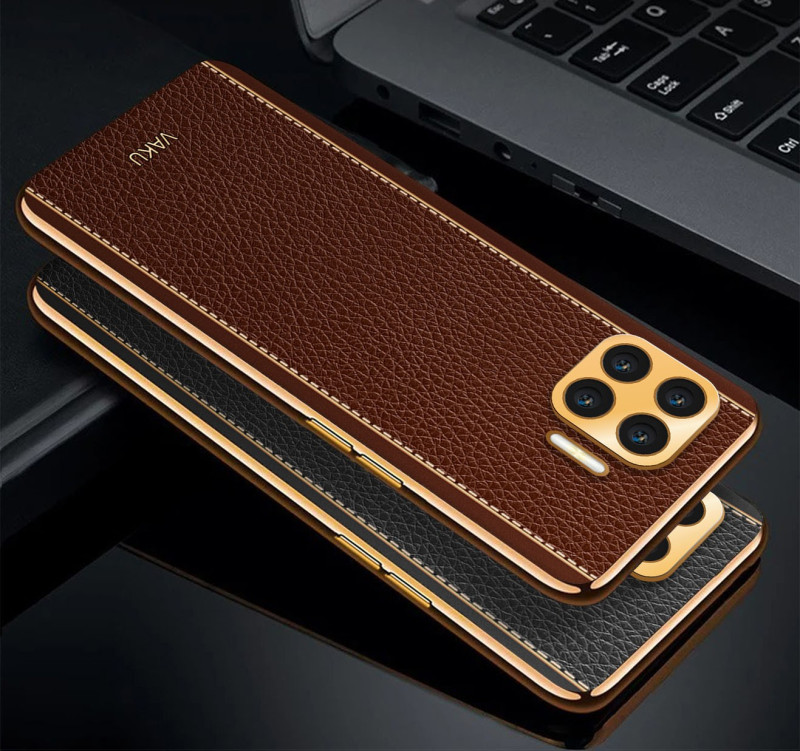 Vaku ® Oppo F17 Luxemberg Series Leather Stitched Gold Electroplated ...