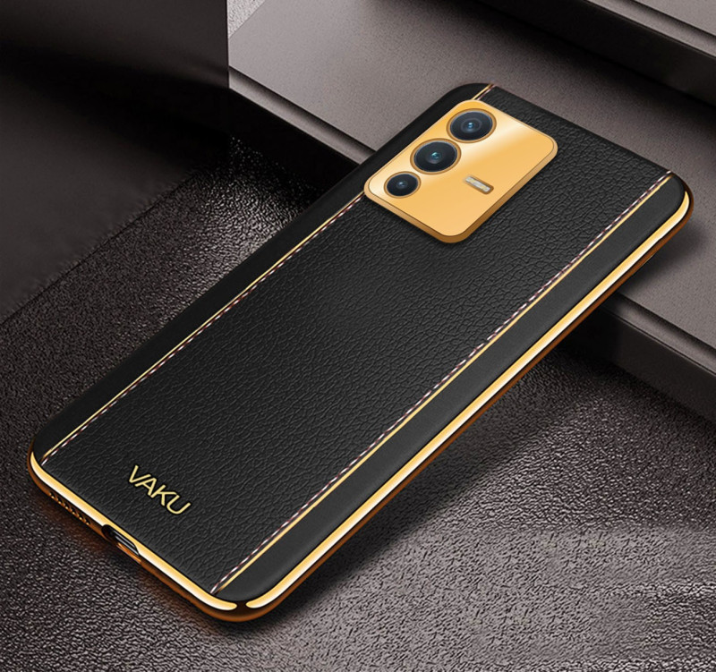 Vaku ® Vivo V23 5G Luxemberg Series Leather Stitched Gold Electroplated ...