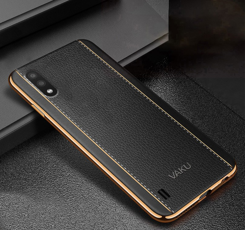 Vaku ® Samsung Galaxy M01 Vertical Leather Stitched Gold Electroplated ...