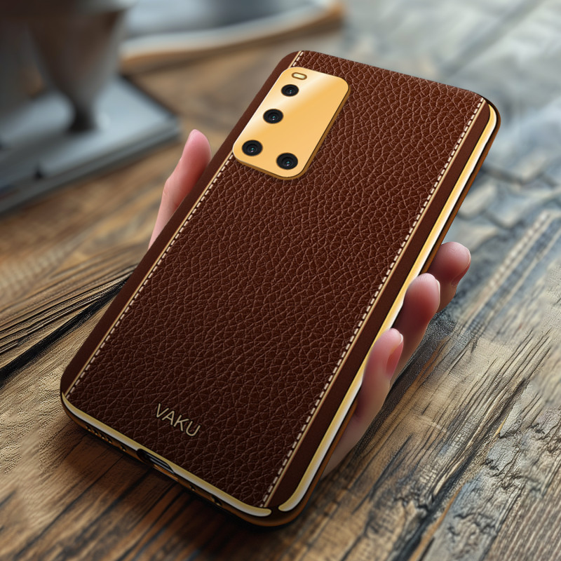 Vaku Vivo V19 Luxemberg Series Leather Stitched Gold Electroplated Soft TPU Back Cover V19 Vivo Back Cover Case Tempered Glass Screen Guards India