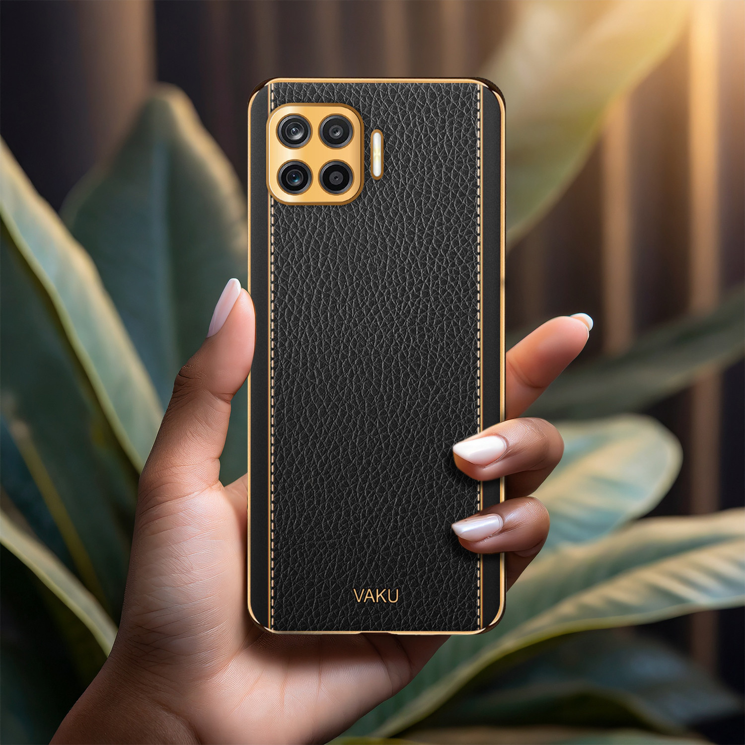 Vaku ® Oppo F17 Luxemberg Series Leather Stitched Gold Electroplated ...