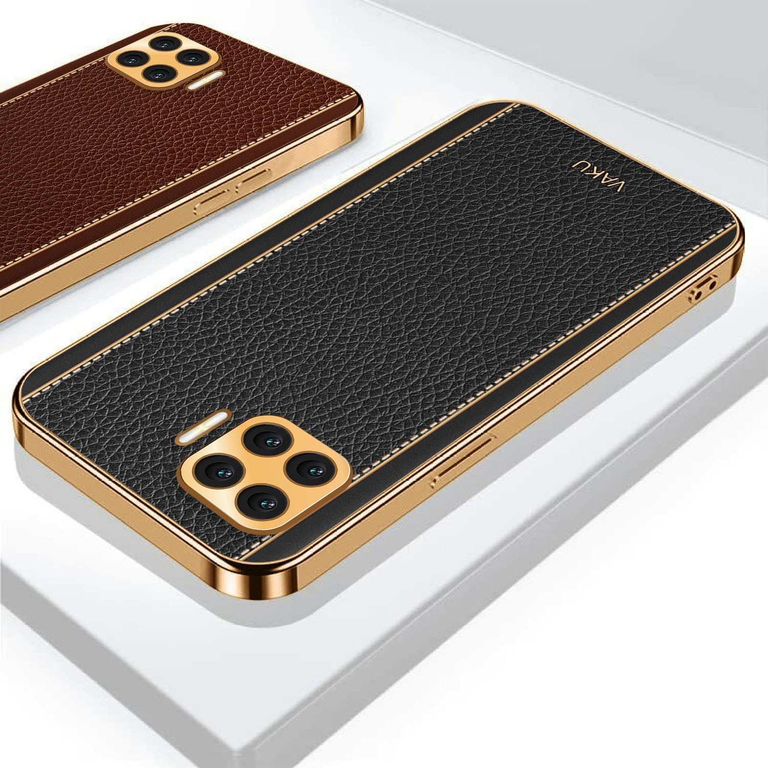 Vaku ® Oppo F17 Luxemberg Series Leather Stitched Gold Electroplated ...