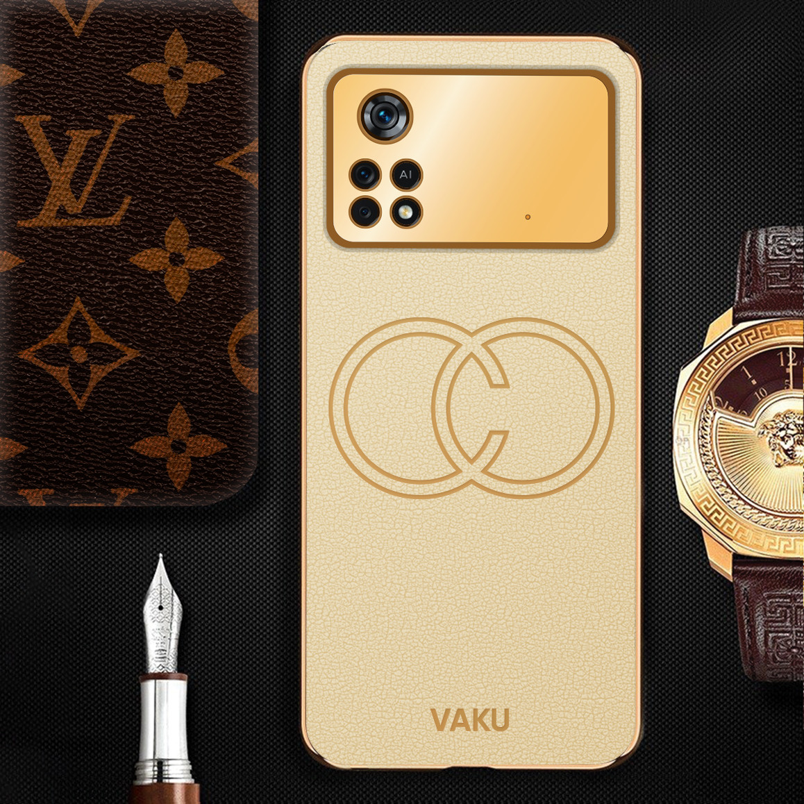 Vaku ® Xiaomi Poco X4 Pro Skylar Leather Pattern Gold Electroplated ...
