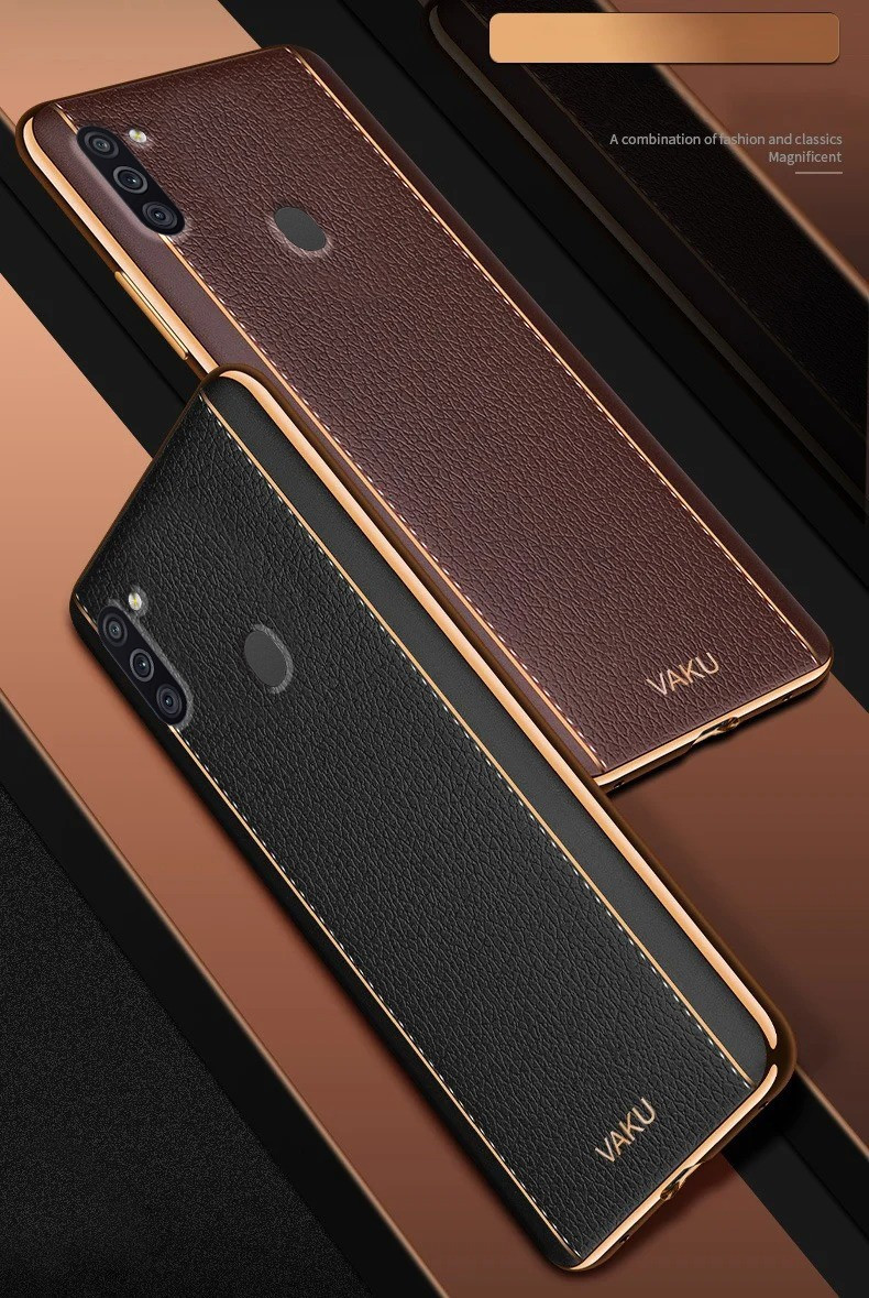 Vaku ® Samsung Galaxy M11 Vertical Leather Stitched Gold Electroplated ...