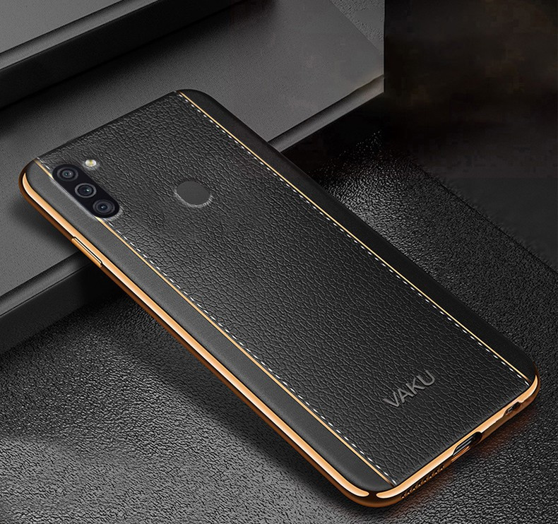 Vaku ® Samsung Galaxy M11 Vertical Leather Stitched Gold Electroplated ...