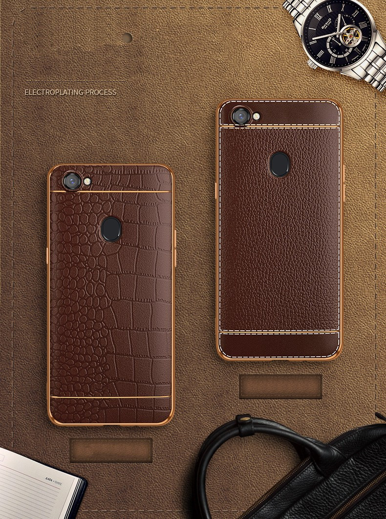 Vaku ® Oppo F7 Leather Stitched Gold Electroplated Soft TPU Back Cover ...