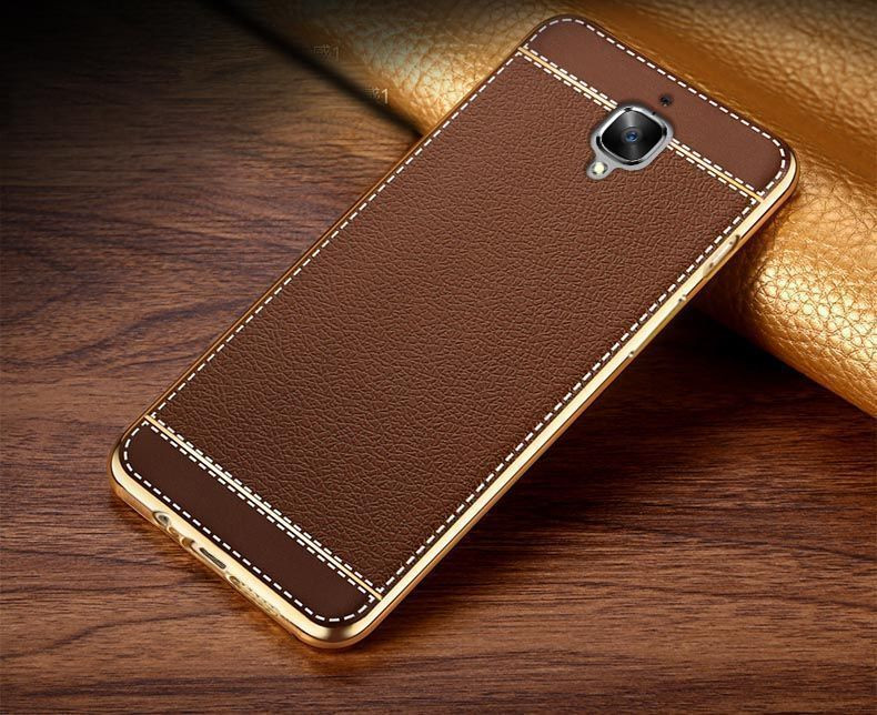 VAKU ® OnePlus 3 / 3T Leather Stitched Gold Electroplated Soft TPU Back ...
